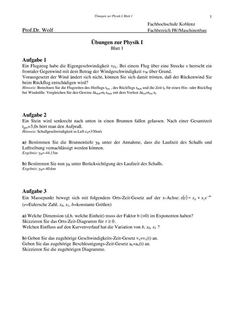 Phys I blatt 1 Physik 1 Übung Übungen zur Physik I Blatt 1 1