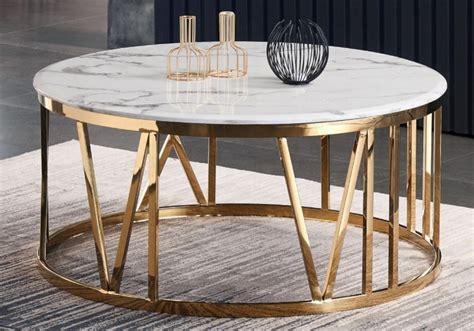 Table basse ronde dorée marbre blanc GEVA Meuble Salon de Luxe