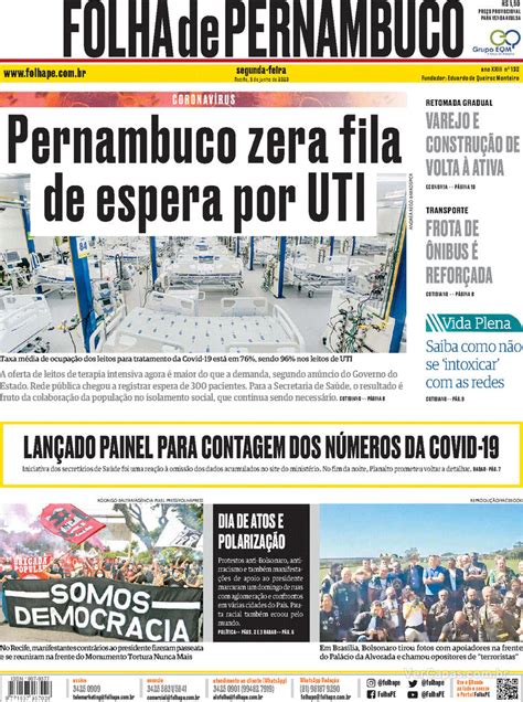 Capa Folha De Pernambuco Segunda 8 De Junho De 2020