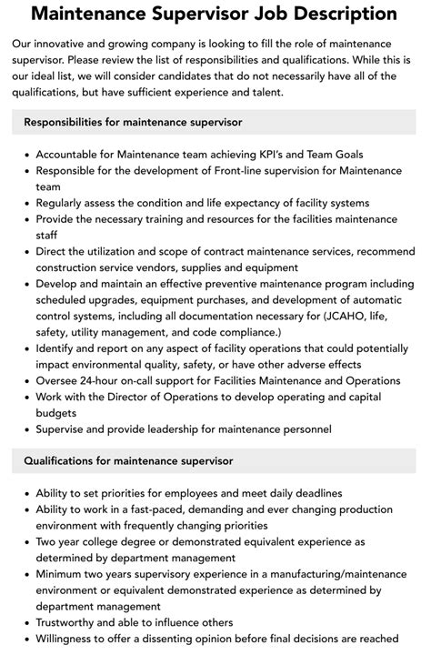 Maintenance Supervisor Job Description Velvet Jobs