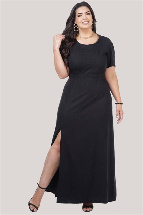 Vestido Plus Size Longo Jeans Preto Vk Moda Plus Size
