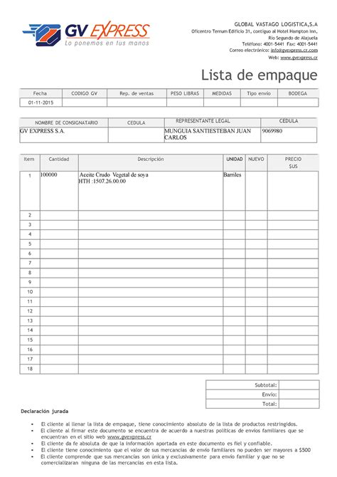 Lista De Empaque GLOBAL VASTAGO LOGISTICA S Oficentro Terrum Edificio