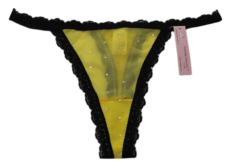 Undergirl Womens Yellow Black Sheer Rhinestone Lace Thong Panties Sz L Nwt