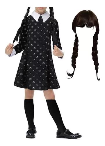 Disfraz Merlina Addams Para Niñas Vestido Negro Tradicional Peluca