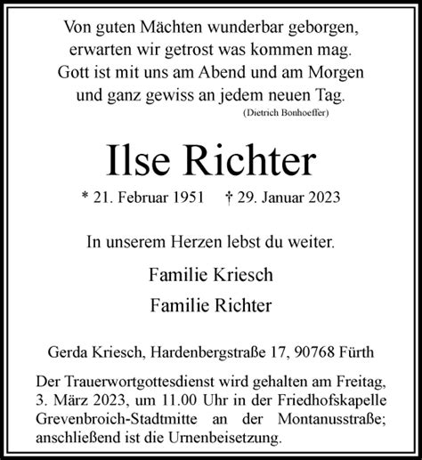 Alle Traueranzeigen für Ilse Richter trauer rp online de