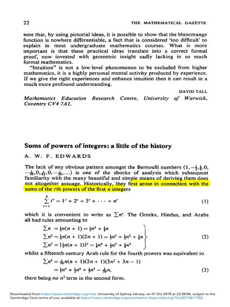 sums of powers of integers a little of the history pdf matrix mathematics summation