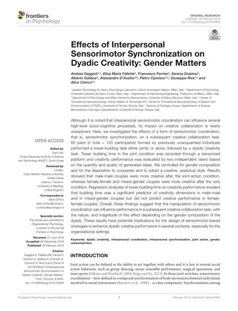 pdf effects of interpersonal sensorimotor synchronization on dyadic creativity gender matters