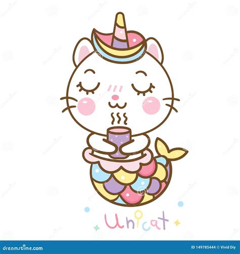 Illustrator De La Sirena Del Gato En Estilo Del Kawaii Del Unicornio