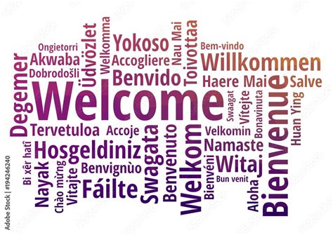Poster Foto WELCOME Word Cloud In Different Languages Concept Purple