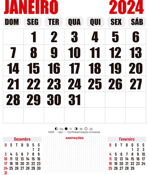 Calendário Janeiro 2024 para Imprimir Digital Grátis