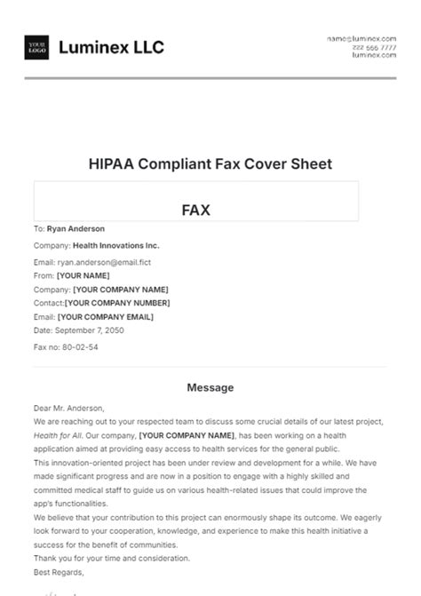 Free Professional HIPAA Compliant Fax Cover Sheet Template Edit