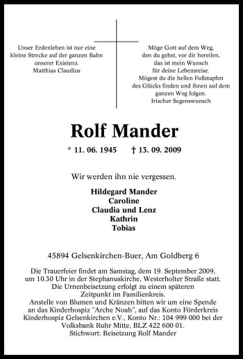 Traueranzeigen Von Rolf Mander Trauer In Nrw De