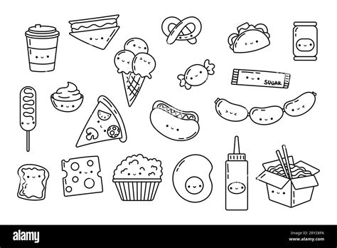 Set Kawaii Pegatina Comida Rápida Página para colorear Colección Cute