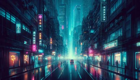 Cyberpunk Streets At Night In A Futuristic Dystopian City Stock