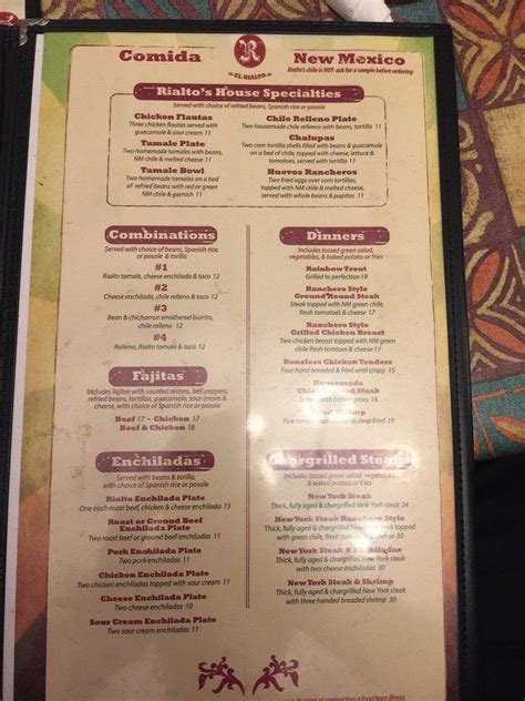 Menu At El Rialto Restaurant Las Vegas