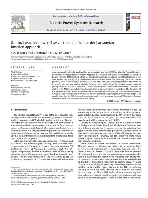 pdf optimal reactive power flow via the modified barrier lagrangian function approach