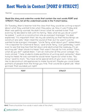 Root Words In Context Port And Struct Worksheet Education