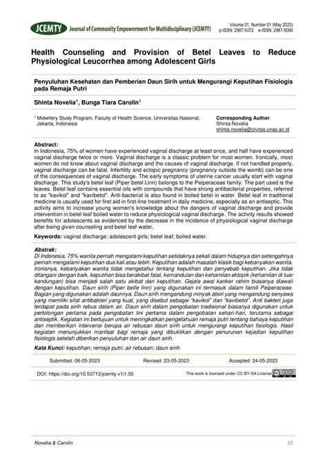 Pdf Health Counseling And Provision Of Betel Leaves To Reduce