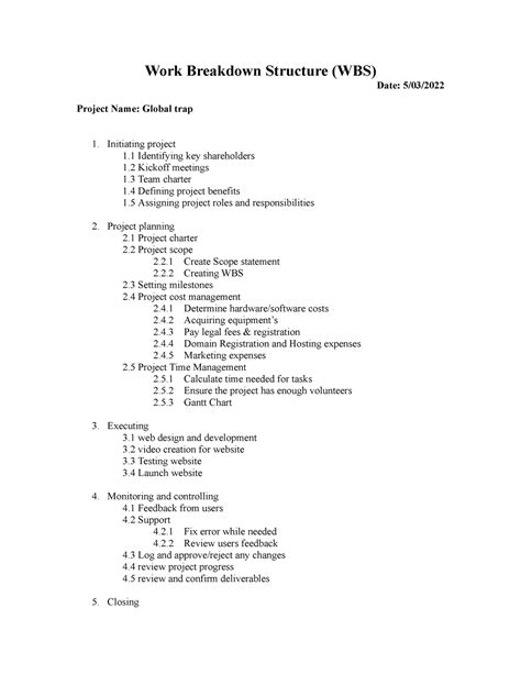 Wbs Work Breakdown Structure Of Global Treps In Project Management