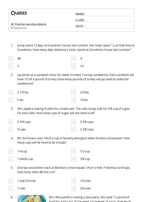 50 Fraction Word Problems Worksheets On Quizizz Free Printable