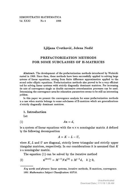 pdf prefactorization methods for some subclasses of h matrices