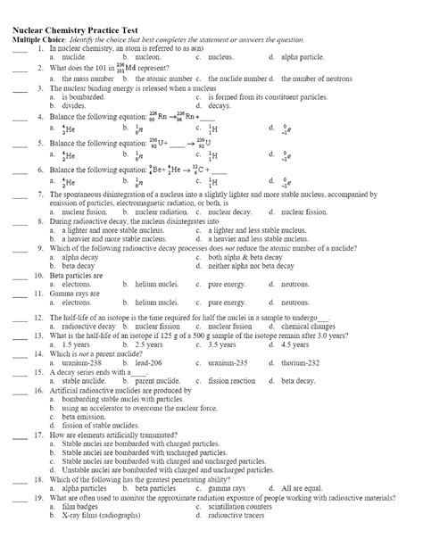 Nuclear Chemistry Practice Test Multiple Choice Identify The Choice