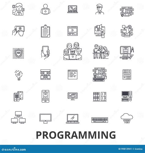 programming programmer code computer software development application line icons editable