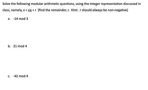 solved solve the following modular arithmetic questions