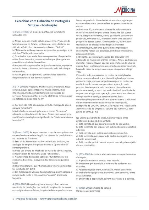 PDF Exercícios Gabarito de Português Sintaxe Pontuação PDF