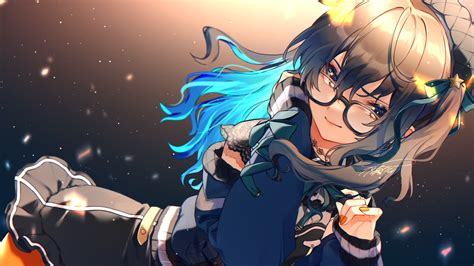 Safebooru 1girl Ahoge Aqua Neckwear Asymmetrical Hair Black Framed Eyewear Black Background