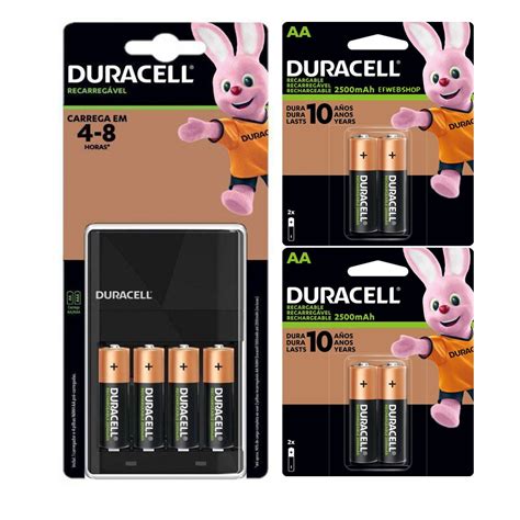 Carregador Duracell 8 Pilhas Aa 2500mAh NFe Recarregáveis CEF14BR4