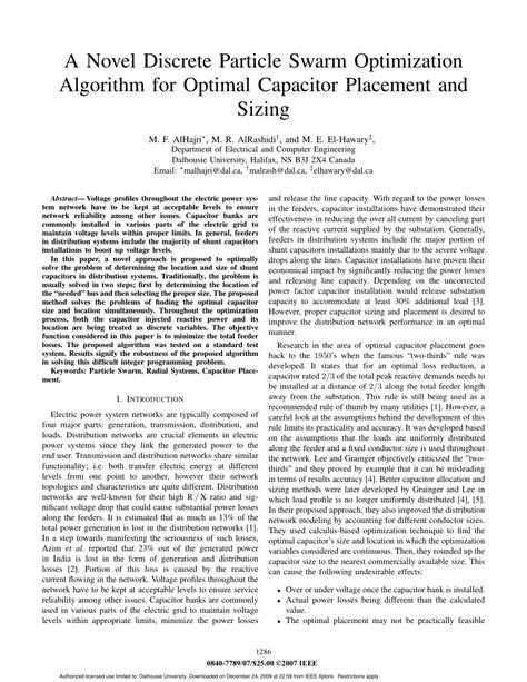pdf a novel discrete particle swarm optimization algorithm for optimal capacitor placement and