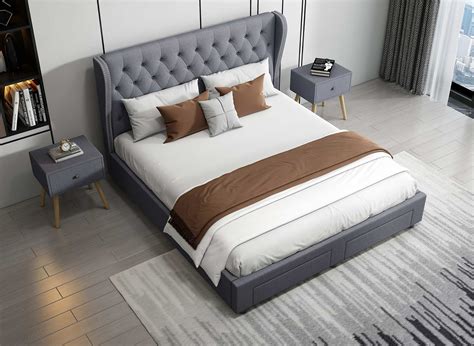 Lit double avec tiroirs de rangement en tissu gris capitonné 160x200 cm