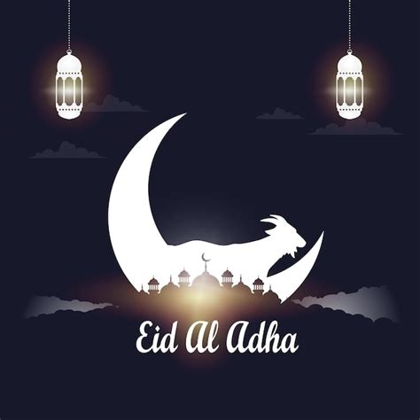 Fröhliches Eid al Adha mit Symbolen der Mondlaterne und der Ziege der