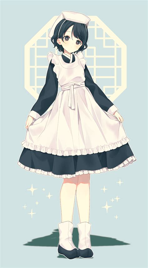 Safebooru 1girl Apron Bangs Black Dress Black Eyes Black Footwear Black Hair Blush Closed