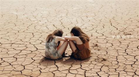 Premium AI Image Women Sitting Hugging Their Knees Bent On The Dry Soil