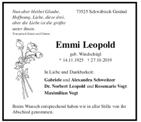 Trauer Und Todesanzeigen Von Emma Leopold Trauer De