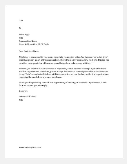 Immediate Resignation Letters For Various Reasons Word Excel Templates