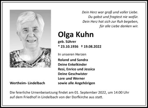 Traueranzeigen Von Olga Kuhn Trauerportal Ihrer Tageszeitung