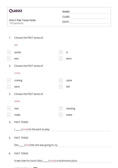 50 Past Tense Verbs Worksheets On Quizizz Free Printable