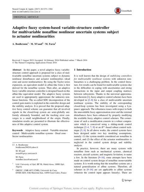 adaptive fuzzy system based variable structure controller for multivariable nonaffine nonlinear