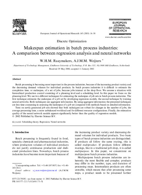 pdf makespan estimation in batch process industries a comparison between regression analysis