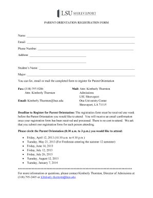 Fillable Online Lsus PARENT ORIENTATION REGISTRATION FORM Name Email