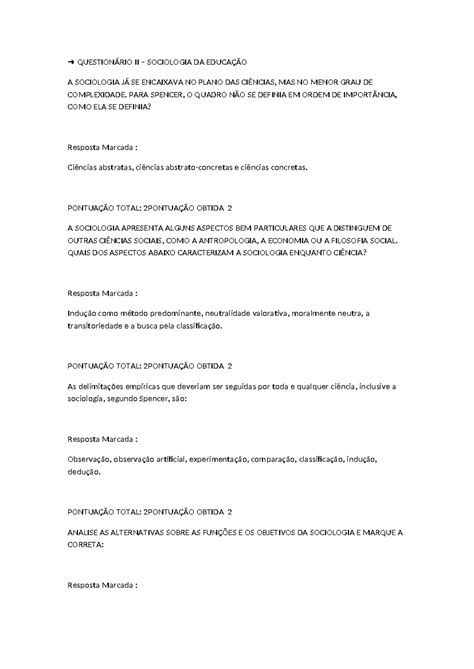 Teste avaliaçao QUESTIONÁRIO II SOCIOLOGIA DA EDUCAÇÃO A