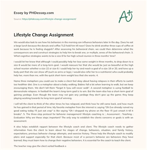 Lifestyle Change Assignment PHDessay