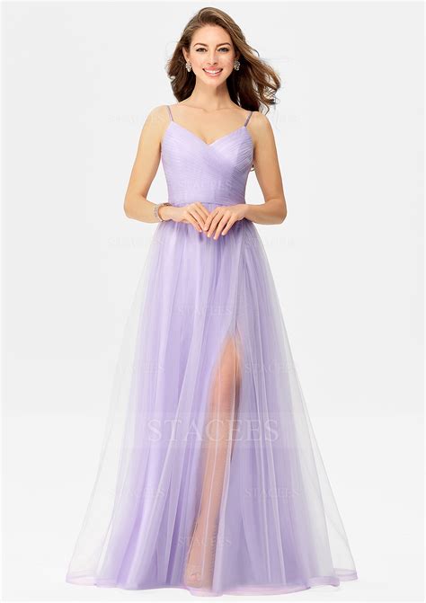 A Line V Neck Sleeveless Tulle Long Floor Length Prom Dress With