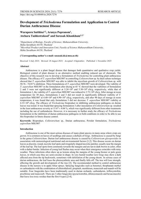 pdf development of trichoderma formulation and application to control durian anthracnose disease