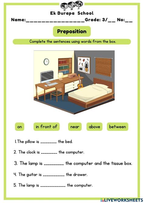 A Worksheet With The Words Preposition On It And An Image Of A Bed