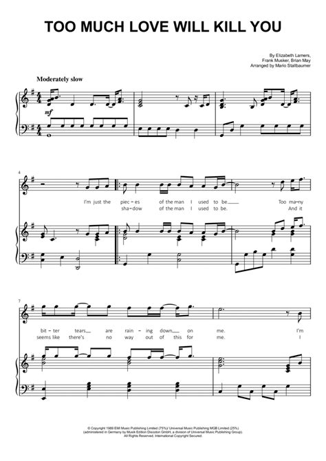 Too Much Love Will Kill You Arr Mario Stallbaumer Sheet Music