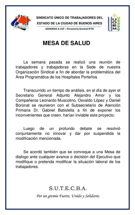 Comunicado de la Mesa de Salud S U T E C B A Sindicato Único de